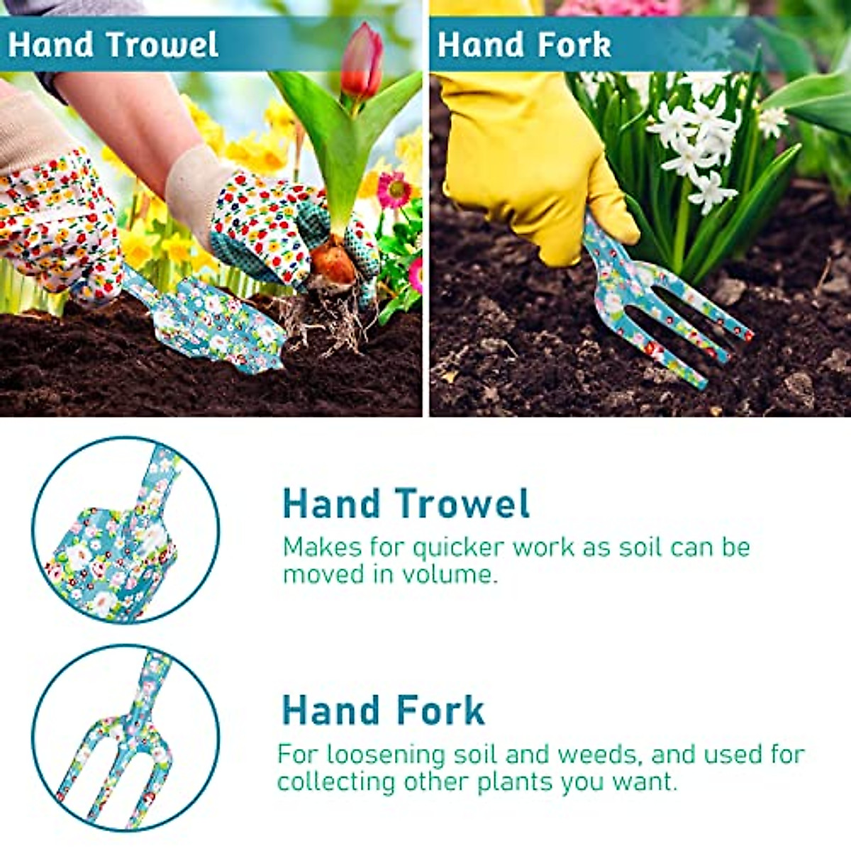 Deaname Garden Tool Set Gardening Hand Tools Kit, Floral Sturdy Garden Gifts, 4 PCS Heavy Duty Shovel Kit Including Trowel, Sharp Pruner, Hand Rake, and Mat (Blue Set)