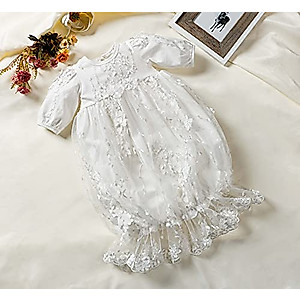 TENTIDE Baby Girl Christening Baptism Dresses White Embroidered Lace Newborn Baby Dedication Gowns with Headband 0-3 Month(Off-white, 0-3 Months)