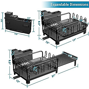 caktraie Dish Drying Rack - Expandable Dish Rack for Kitchen Counter, Rust-Proof Kitchen Dish Drying Rack with Utensil Holder, Cups Holder, Black