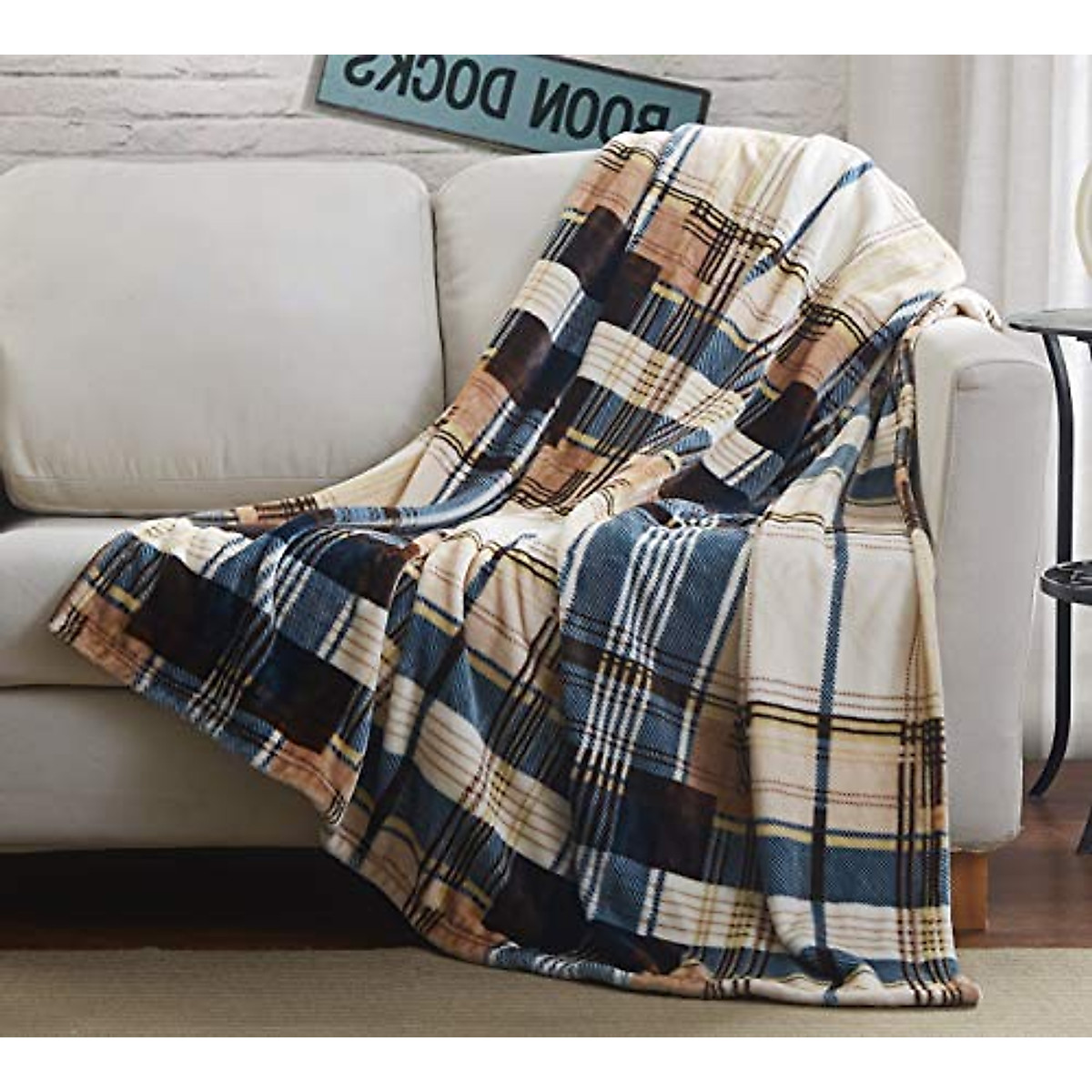 Tache Winter Cabin Blue Tan Farmhouse Super Soft Micro Fleece Tartan Plaid Plush Lightweight Throw Blanket, 66x90, Twin Size