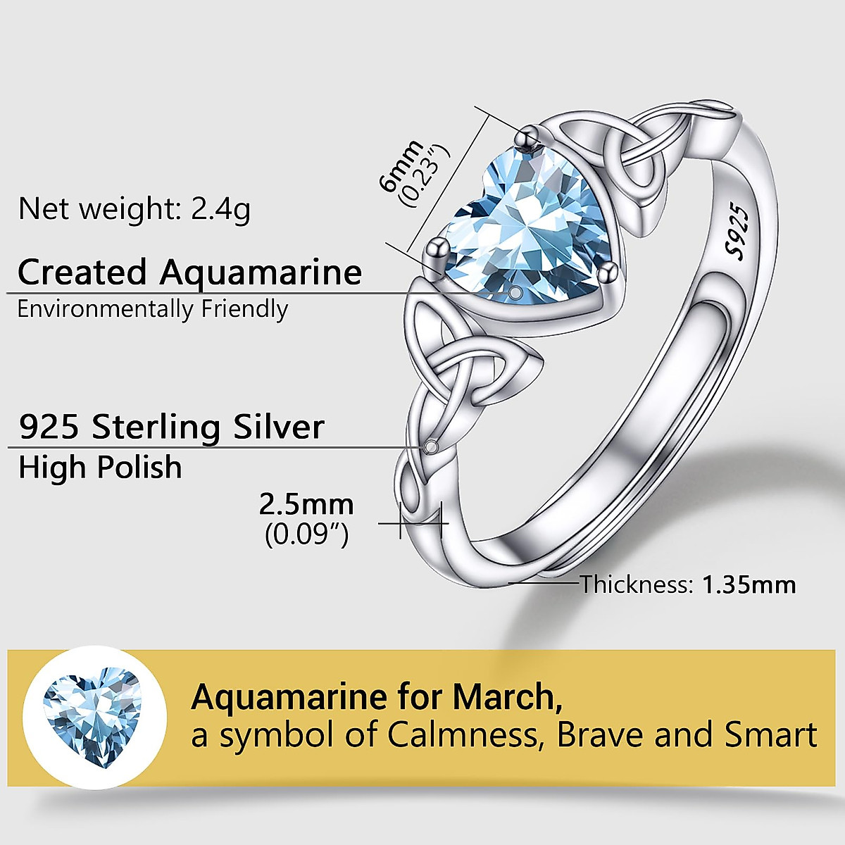 PROSILVER March Birthstone Rings 925 Silver Crystal Jewelry Aquamarine Blue Cubic Zirconia Heart Ring