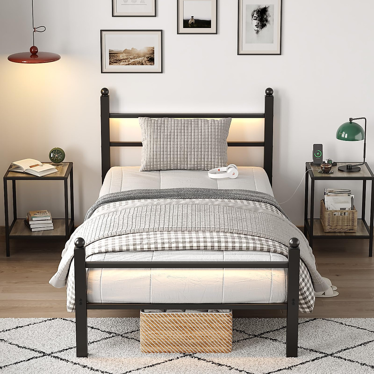 CollaredEagle Twin Bed Frame with Headboard and Footboard,Heavy Duty Steel Slats Support Metal Bed Frame with Charging Station, Black