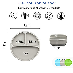 Baby Plates Toddler Plates with Suction,Silicone Suction Plates for Babies and Toddlers,Baby Divided Plates with Spoon Fork,Kids Plates BPA Free,Dishwasher and Microwave Safe (Green Blue Grey)