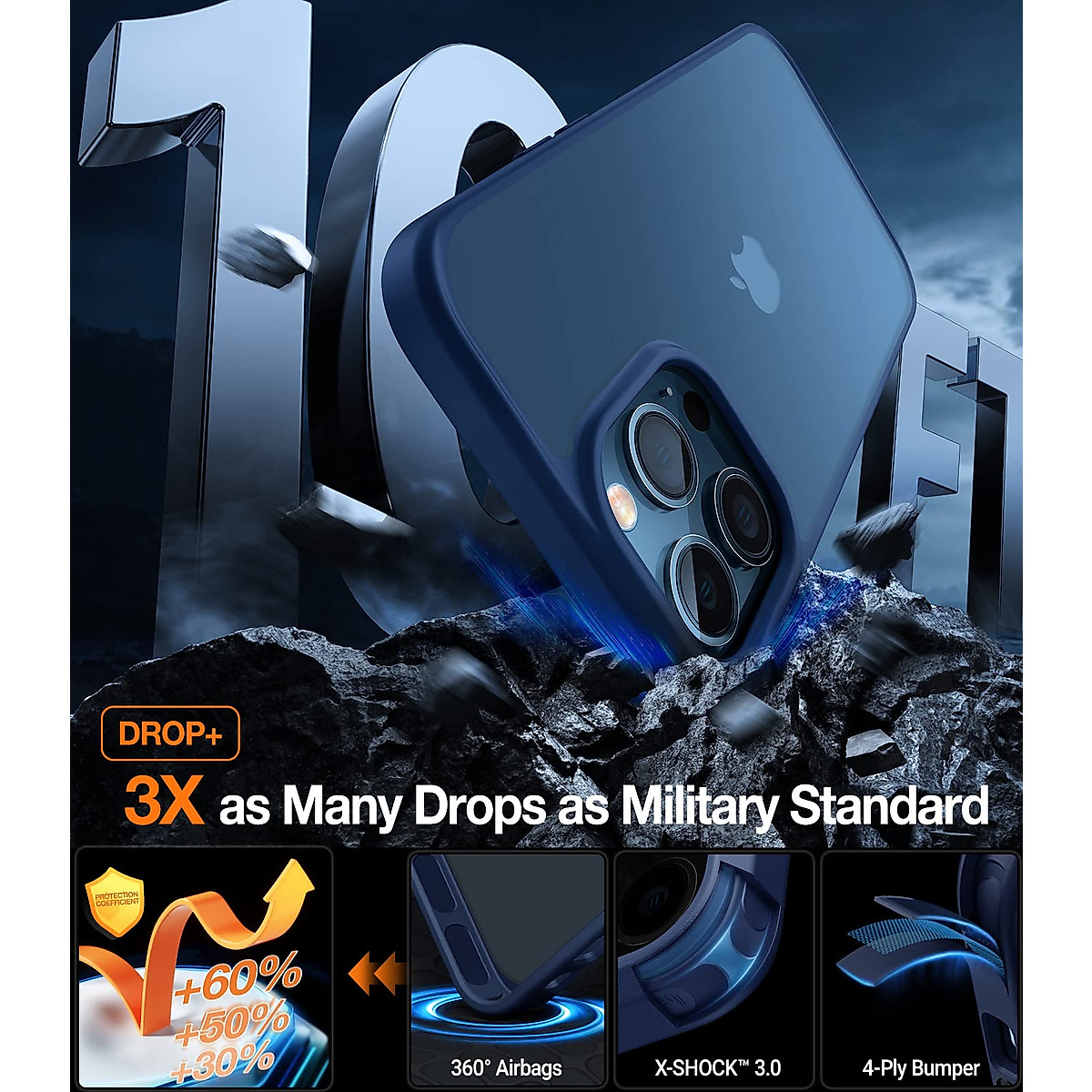 TORRAS Shockproof Compatible for iPhone 12 Case for iPhone 12 Pro Case, [Military Grade Drop Tested] Translucent Matte Hard PC Back with Soft Silicone Edge Slim Protective Guardian, Blue