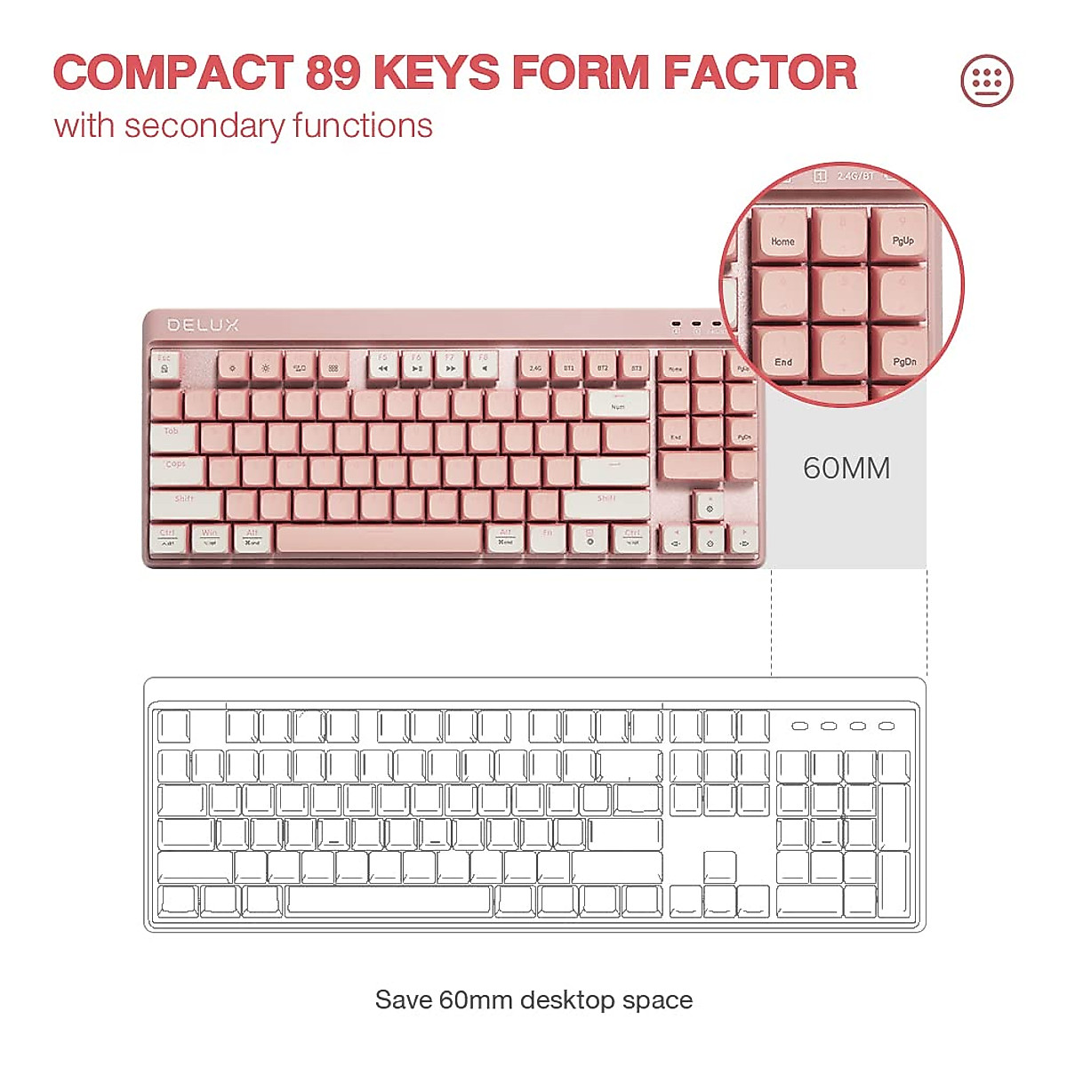 DeLUX 80% Wireless Mechanical Keyboard - RGB Backlit, Hot Swappable 89 Keys, US Layout, Linear, Quiet Yellow Switches, PBT Keycaps - Multi-Device Gaming (KM18-Pink)