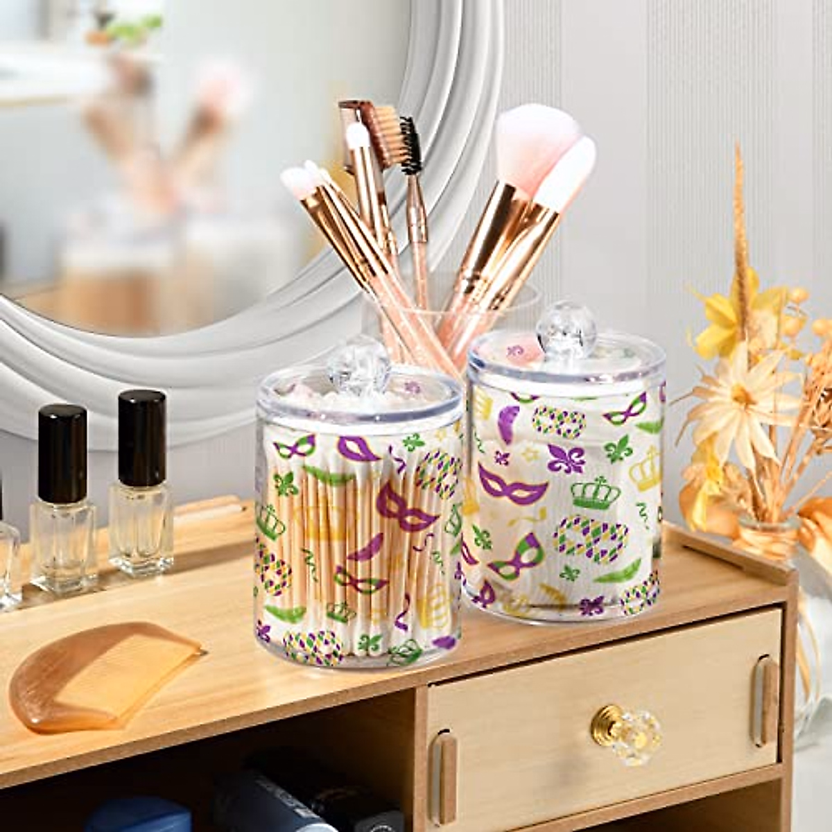 Kigai 4PCS Mardi Gras Qtip Holder Dispenser with Lids - 14 oz Bathroom Storage Organizer Set, Clear Apothecary Jars Food Storage Containers, for Tea, Coffee, Cotton Ball, Floss