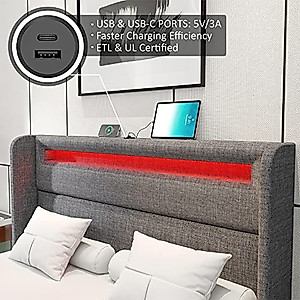 AMERLIFE King Bed Frame with RGBW LED Lights Headboard & 4 Storage Drawers, Upholstered Smart Platform Bed with USB & USB-C Ports, Box Spring Optional, Light Grey