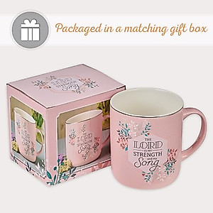 Christian Art Gifts Large, 14 oz Ceramic Scripture Coffee & Tea Mug for Women: The Lord is My Strength - Psalm 118:14 Inspirational Bible Verse, Lead-free Drinkware w/Silver Rim, Pink Floral