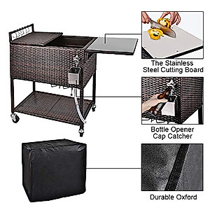 HOSFO 80 Quart Outdoor Rolling Patio Cooler Cart on Wheels, Portable Wicker Ice Chest, Rattan Beverage Bar for Patio Deck Party, Drink Cooler Cart with Bottle Opener, Cutting Board, Cover (Brown)