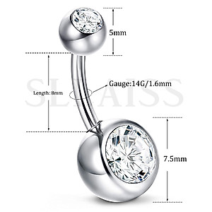 Sllaiss Belly Button Rings For Women 925 Sterling Silver 14G Bar 8mm CZ Round Ball Navel Barbell Stud Body Piercing Jewelry