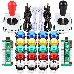 Avisiri 2 Player led Arcade Buttons and Joystick DIY kit 2X joysticks + 20x led Arcade Buttons Game Controller kit for Windows and MAME and Raspberry Pi (Mix-Colors-Kits)