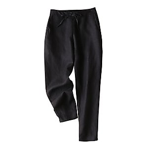IXIMO Women's Tapered Pants 100% Linen Drawstring Back Elastic Waist Pants Trousers with Pockets Black L