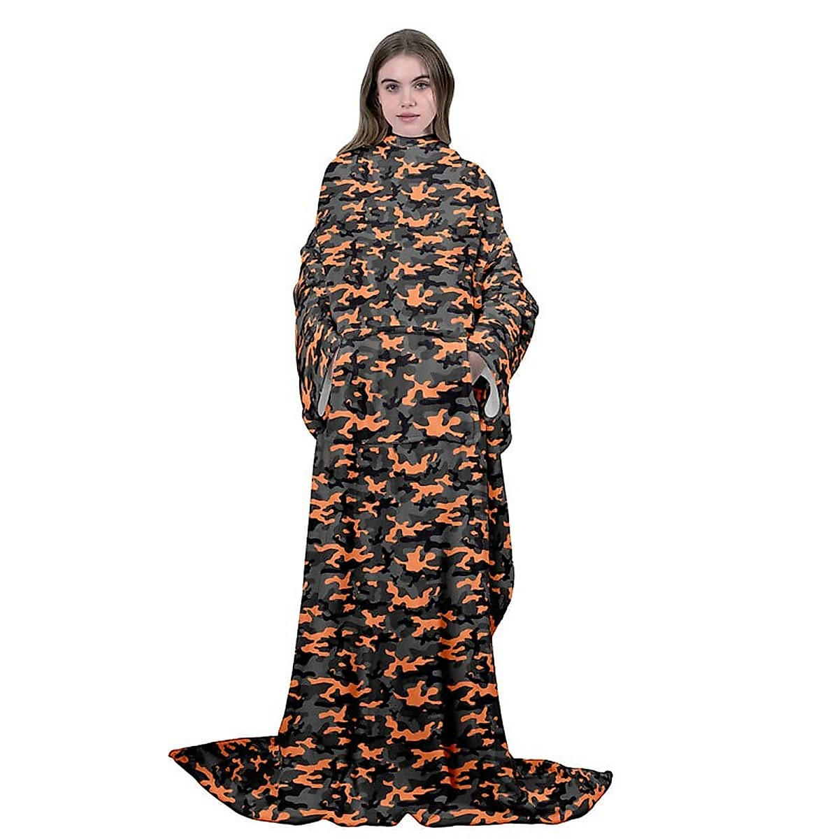 Camouflage Fleece Wearable Blanket with Sleeves Pocket, Camo Orange Grey Black Warm Soft and Cozy Functional Blankets, Military Style Gifts for Women Girlfriend Mom Wife and Daughter, 50"x50"