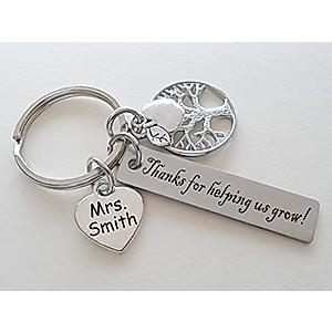 Custom Engraved Teacher Keychain with Tree & Apple Charm, and Thanks for Helping Us Grow Tag; Teacher Appreciation