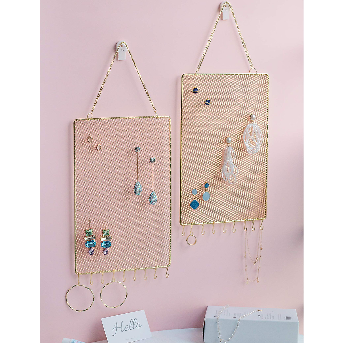 Heesch 2 Pack Earring Holder Wall Mounted Hanging Jewelry Organizer Display Decorative Metal Diamond Shape with Hooks for Necklaces Bracelets (Gold)