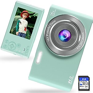 Saneen Digital Camera, FHD 2.7K Cameras for Photography, 44MP Kids Camera Small Mini Compact Digital Camera for Teens, Adults & Beginners with 32GB SD Card, 16X Zoom, Two Rechargeable Batteries-Green