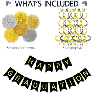 Graduation Party Decorations 2022, Happy Graduation Banner with 6 Pom Poms 2 Gold 2 Yellow 2 Sliver, 6 Swirls 3 Gold 3 Sliver, Graduation Decorations, Graduation Party Supplies 2022