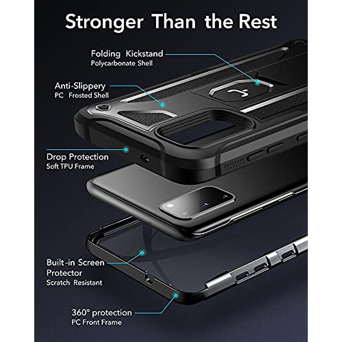 YOUMAKER Designed for Samsung Galaxy S20 5G Case with Built-in Screen Protector and Kickstand Shockproof Case Work with Fingerprint ID Military Grade Drop Tested Cover for S20 6.2 inch-Black