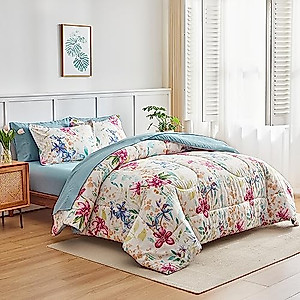 Joyreap 7 Piece Bed in a Bag, Floral Bedding Set Queen Size Comforter Set for All Season- Colorful Flowers Botanical Print- 1 Comforter, 2 Pillow Shams, 1 Flat Sheet, 1 Fitted Sheet, 2 Pillowcases