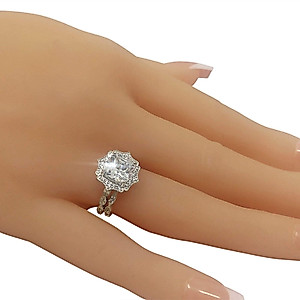 Blue Apple Co. Two Piece Art Deco Wedding Engagement Ring Band Cushion Cubic Zirconia 925 Sterling Silver Size - 7