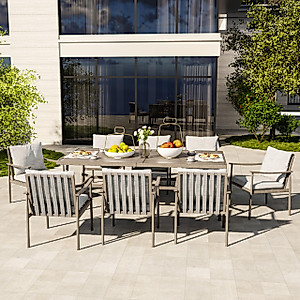 HAPPATIO 9-Piece Patio Table and Chairs Set for 8, Aluminum Outdoor Dining Set with Cushions, 8 Dining Chairs, 1 Large Rectangular Table with Umbrella Hole for Lawn, Porch, Backyard, Grey