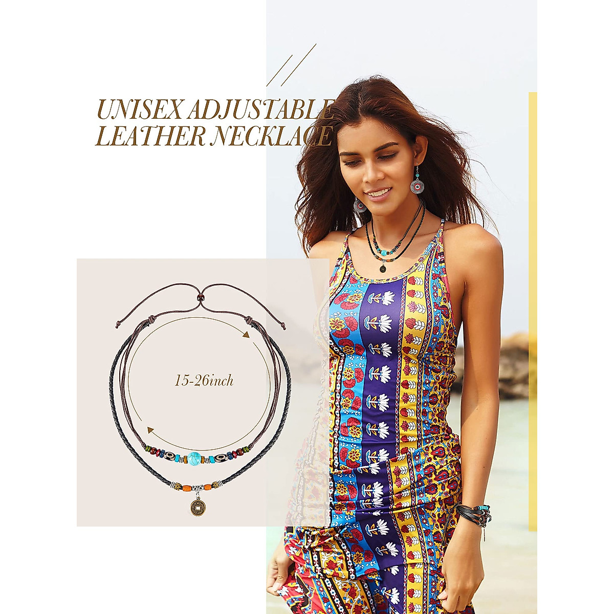 Hicarer 9 Pieces Bohemian Vintage Dangle Earrings Set Boho Retro Rhinestone Drop Earrings Multi-layer Beaded Leather Bracelet and Turquoise Bead Necklace Jewelry for Women