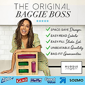 HUDDLE Food Storage Bag Organizer - Slide-Lid Easy-Load Ziplock Bag Organizer 4 Section Bamboo Ziplock Bag Organizer for Drawer, Counter, Wall Baggie Organizer