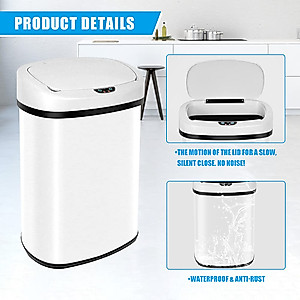 HGS Touchless Trash Can 13 Gallon Automatic Garbage Waste Bin Stainless Steel Trash Can Touch Free Kitchen Garbage Cans with Lid, Sensor Trash Bins for Home Office Living Room Bedroom, White, White