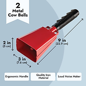BLUE PANDA 2 Pack 9-inch Cowbells for Sporting Events, Percussion Noise Makers with Handle for Football Games, Stadiums (Red) - Cow Bells Noise Makers - Cowbell with Handle - Sports Cow Bell
