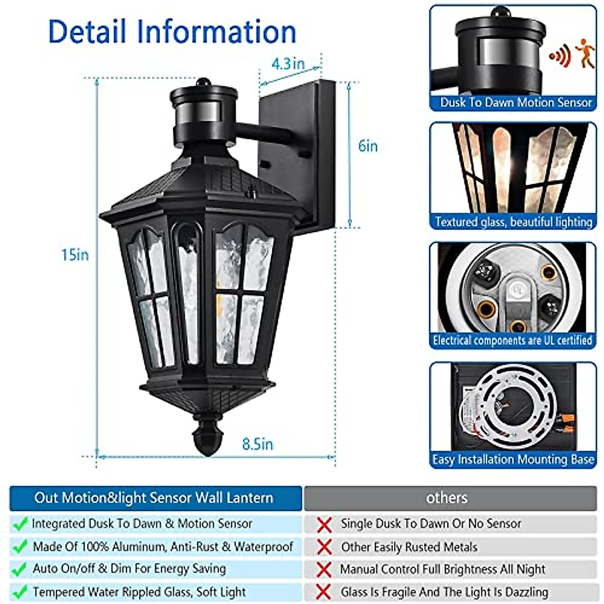 XANGQAN Outdoor Wall Light Fixture with Motion Sensor and Dusk-to-Dawn Sensor, Waterproof and Anti-Rust Aluminum Exterior Sconce with Tempered Water Ripple Glass, for House Garage and Porch.