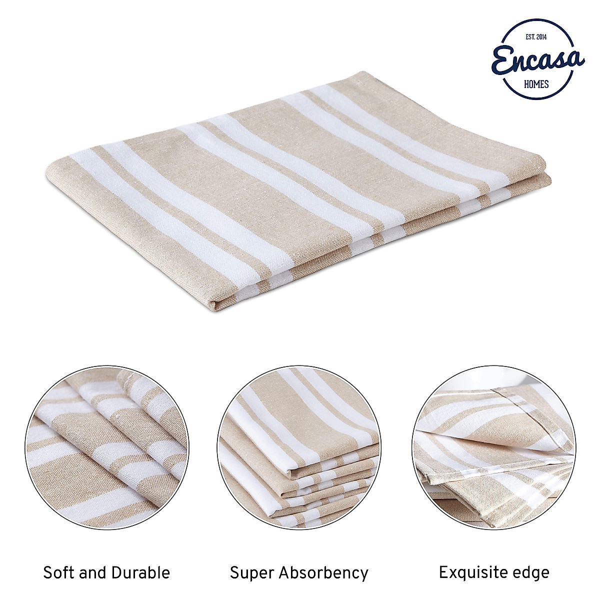 Encasa Homes Anti-Odour Kitchen Dish Towels, 18 x 28 inch (4 Pc Set) Highly Absorbent, Tea Towels for Cleaning & Quick Drying, Eco-Friendly Cotton Franca Beige Stripes