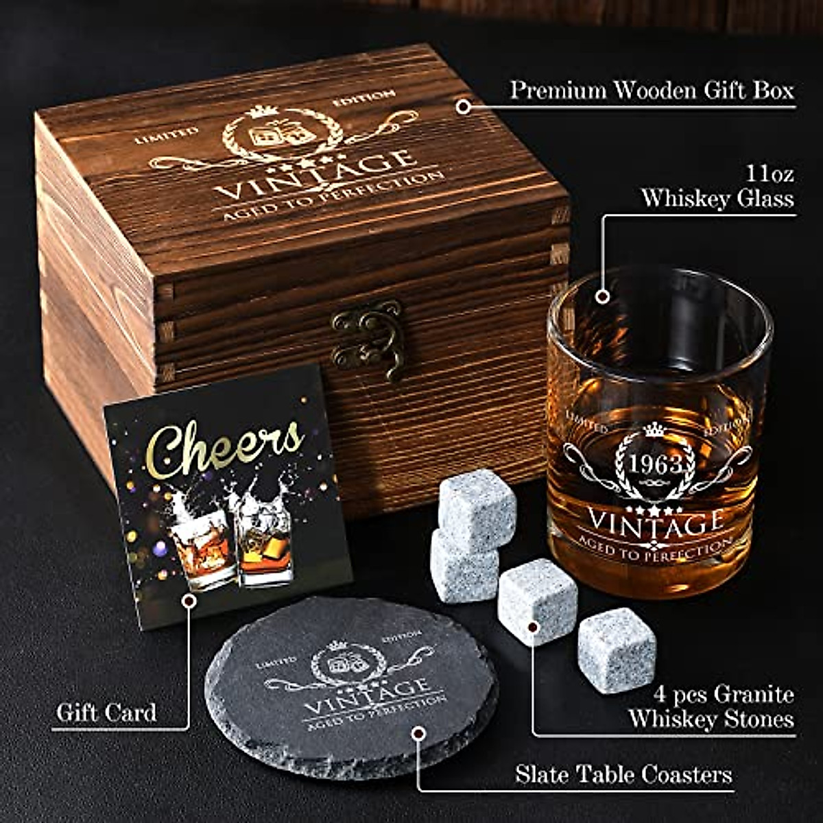 60th Birthday Gifts for Men Whiskey Glass Set - 60th Birthday Decorations, Party Supplies - 60 Year Anniversary, Bday Gifts Ideas for Him, Dad, Husband, Friends - Wood Box & Whiskey Stones & Coaster