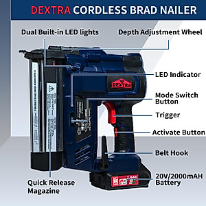 Dextra Cordless Electric Nail Gun 20V, 18 Gauge 2 in 1 Cordless Nail Gun/Staple Gun, Battery Powered with 2.0Ah, Fast Charger,Brushless Motor,Staples and Nails for Trim,Carpenter,Upholstery