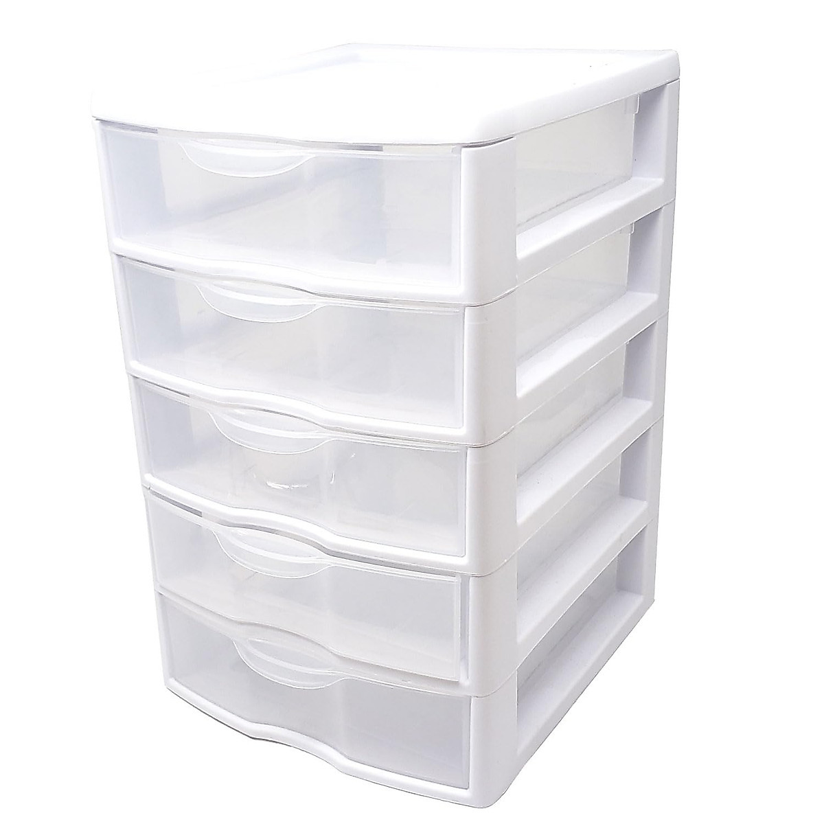 5 Unit Plastic Shelves Drawer Organizer Shelving Storage Set Solution Stackable With Clear Drawer Handles for Home Office School Kids Cabinets Dresser Makeup Accessory Utility Tool -White/Clear (2)