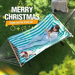 Double Outdoor Hammock with Stand, 2 Person Cotton Rope Hammock with Polyester Pad and Pillow for Backyard Porch Patio Garden