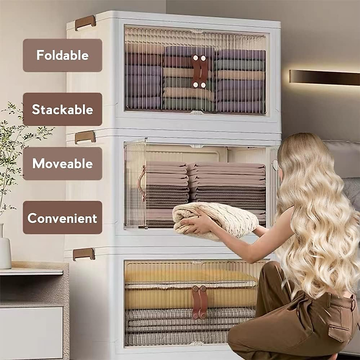 Dontinhu Stackable storage bins open front,collapsible storage bins, 7GAL-3Packs stackable closet organizers with wheels,for home and dorm(Creamy white)