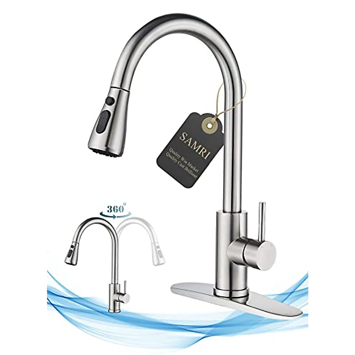 Kitchen Faucets with Pull Down Sprayer, SAMRI High Arc Single Lever Single Handle Stainless Steel Brushed Kitchen Sink Faucets with Pull Out Sprayer and Brass Valve, for Kitchen RV Bar Sink