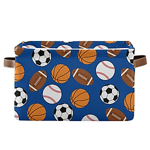 Rectangular Storage Basket Storage Bin - Sports Football Baseball Basketball Soccer Collapsible Storage Box with Leather Handles Organizer for Shelves/Gift Baskets/Toy Organizer/Baby Room Decor