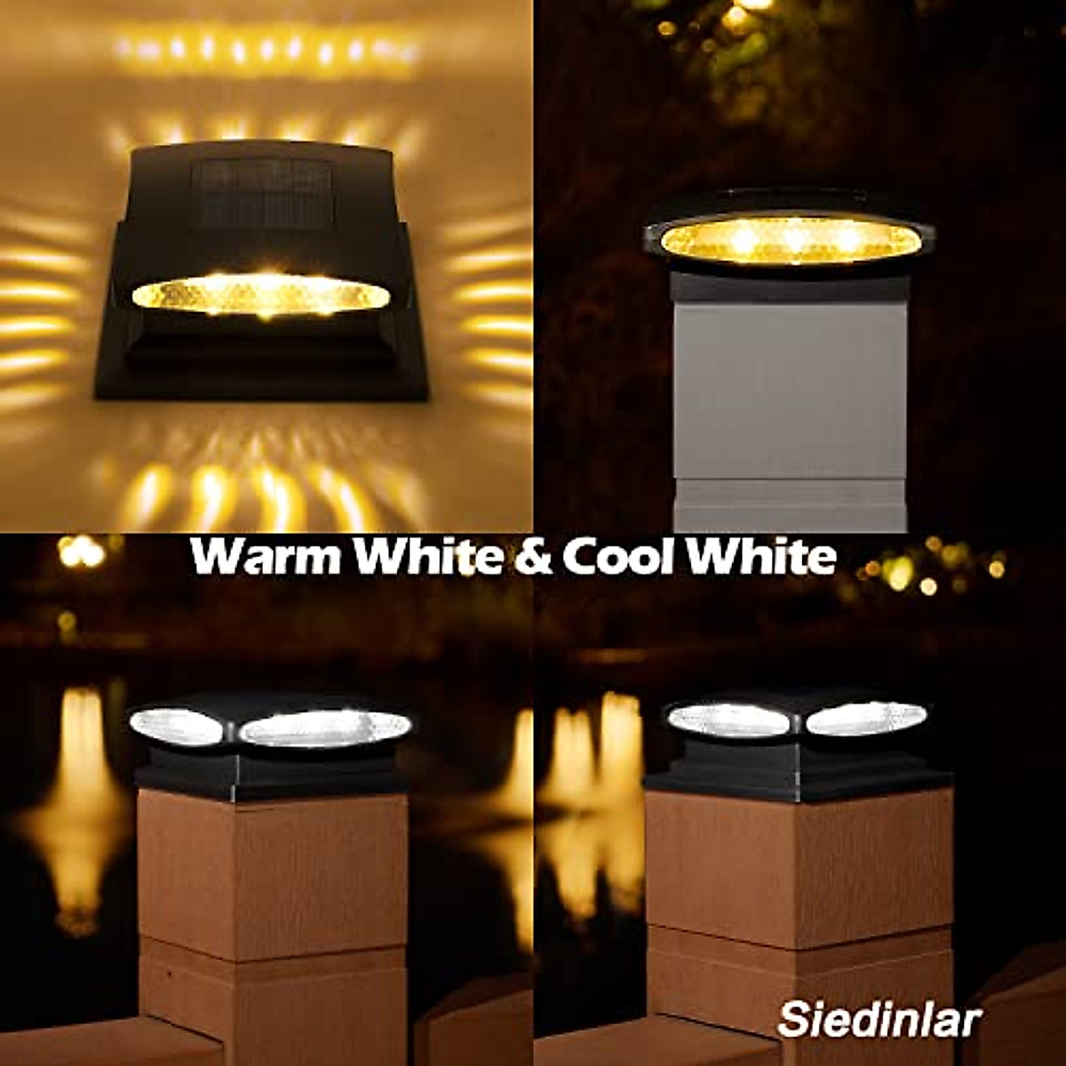 Siedinlar Solar Post Cap Lights Outdoor, 2 Modes 24 LED Solar Powered Fence Deck Light for 4x4 5x5 6x6 Posts Garden Patio Decoration Warm White & Cool White, Black (2 Pack)