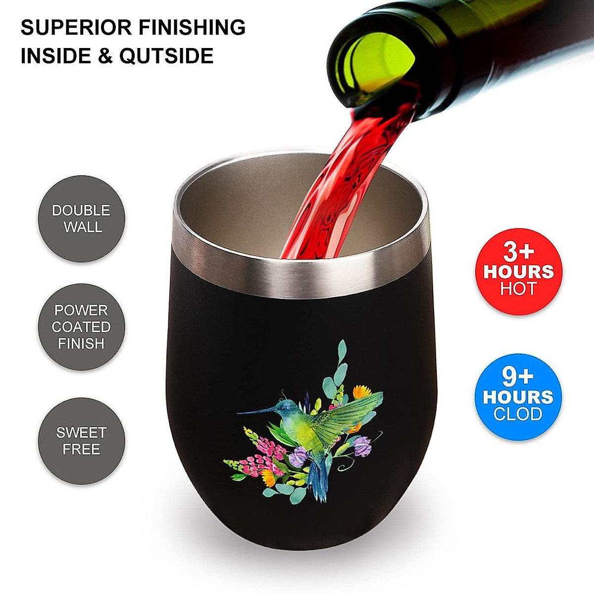 Hon-Lally Hummingbird Flower Pattern 12 oz Stainless Steel Wine Tumbler with Lid Mug Cup Double Wall for Coffee, Cocktail, Drink, Tea and Beer - black-style