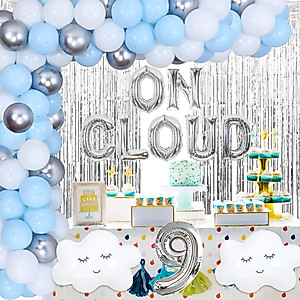 Fangleland On Cloud 9 Birthday Decorations for Girls, Baby Blue Balloons Garland Kit Fringe Curtains for Nine Year Old Girl, Bride On Cloud 9 Balloons for 9th Birthday Party Supplies