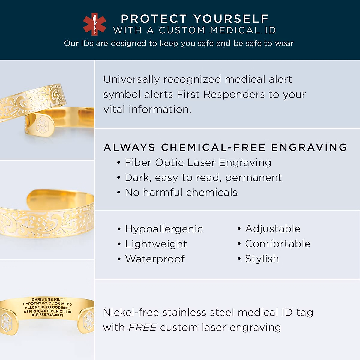 Lauren's Hope Custom Engraved Medical ID Cuff Bracelets for Women, Rose Gold, Silver and Gold (Gold Tone)