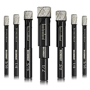 7 Piece Diamond Drill Bits Set, Core Drill Bits for Hard Materials - Tiles Ceramics Glass Stones – Built in Coolant, Fast Dry Drilling - Sizes 3/16" 1/4" 5/16" 3/8" 1/2" - Round Shank, Storage Case