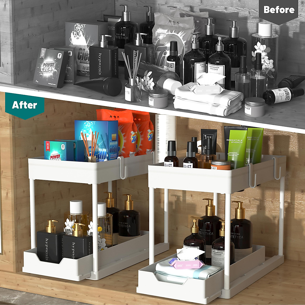 MEAFBIRD 2 Pack Under Sink Organizer, 2 Tier Bathroom Cabinet Organizer with Sliding Basket, Multi-Purpose Under Sink Organizers and Storage for Bathroom Kitchen