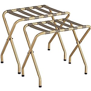 ELYKEN 2 Pack Folding Luggage Rack for Guest Room, Heavy Duty Max 110LBS Loading Bearing Suitcase Holder, Easily Assemble Metal Stand, Narrow Foldable Space Saving Hotel Storage Rack, Gold