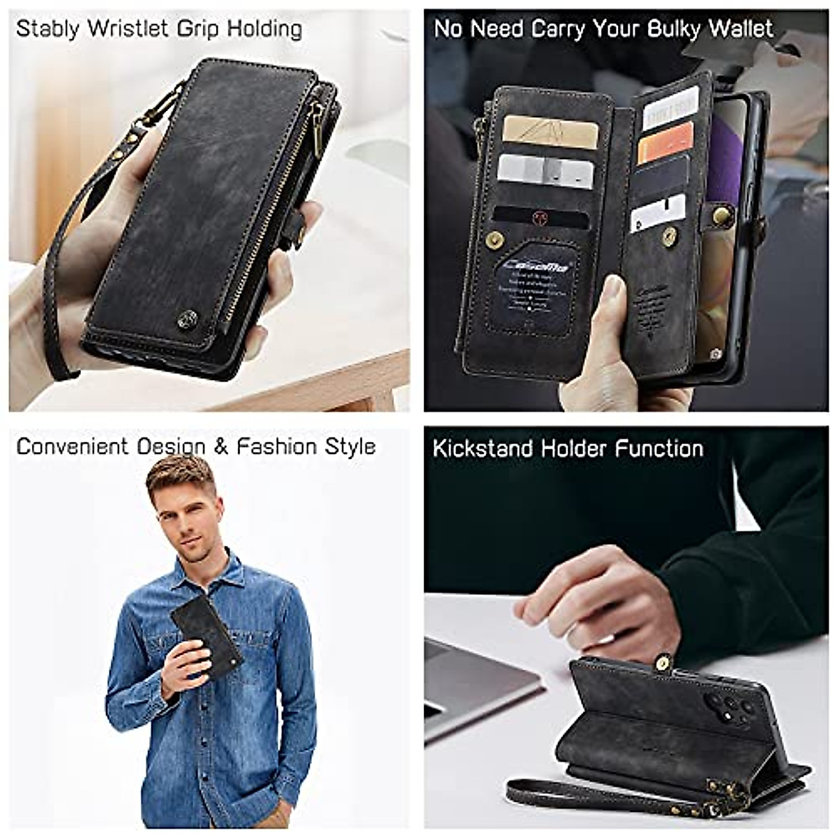 Defencase Samsung Galaxy A32 5G Case, Samsung A32 5G Wallet Case, Premium Durable PU Leather [Magnetic Flip] [Zipper Pocket] [Lanyard Strap Wristlet] [Card Holder] Phone Case for Galaxy A32 5G, Black