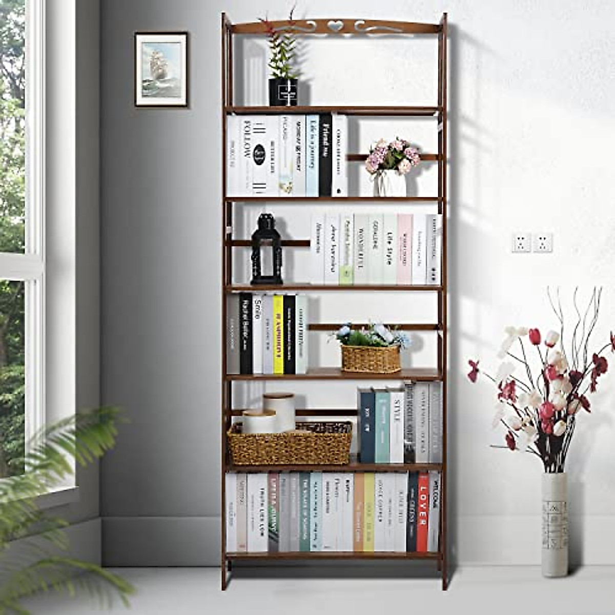 MoNiBloom 6-Tier Adjustable Bookshelf Bookcase, Multifunction Free-Standing Storage Shelf Narrow Plant Flower Stand for Living Room Kitchen Home, Brown