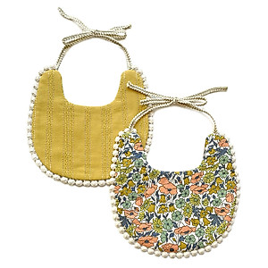 Cherssy Baby Girl Reversible Bibs, Boho Bibs with Crochet Lace and String Ties Pom Pom, Floral Cotton bibs for Newborn Infant Toddler, 2 Pack Mustard/Brown