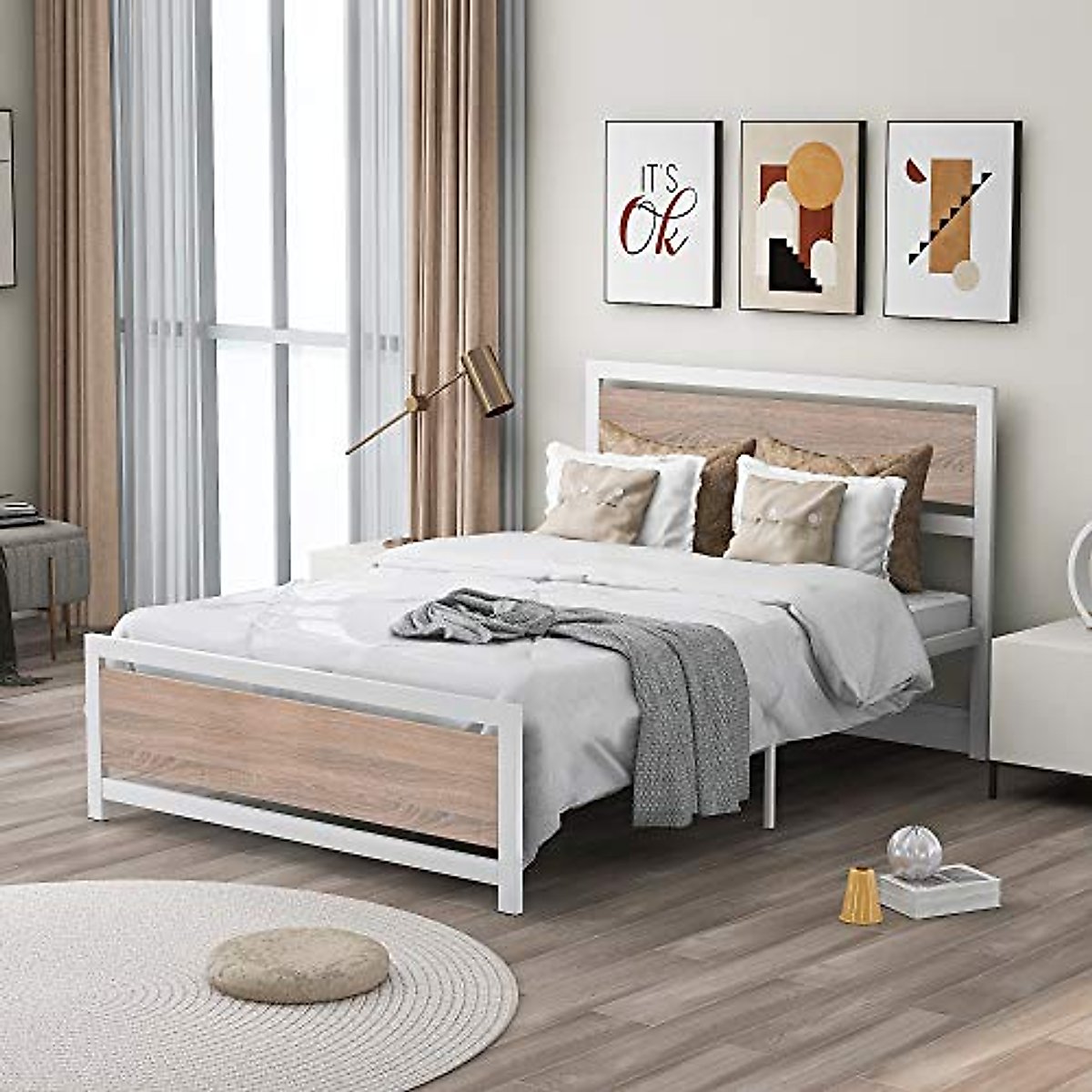 Tensun Full Size Bed Frame with Footboard and Wood Headboard,Heavy Duty Platform Bed Frame, Steel Slats Mattress Foundation Square Pipe Design, No Box Spring Needed, Noise Free, White