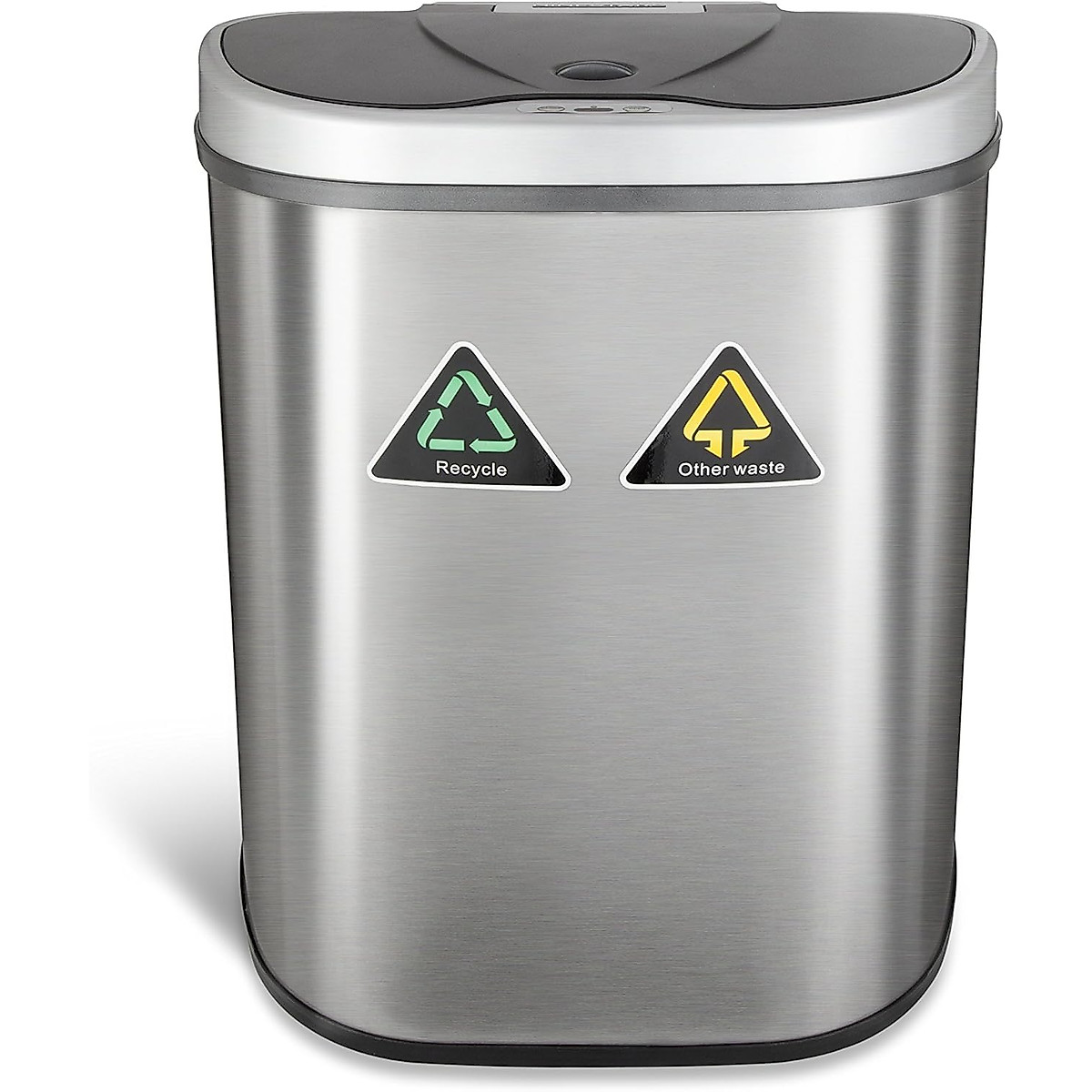 NINESTARS Automatic Touchless Infrared Motion Sensor Trash Can/Recycler with D Shape Silver/Black Lid & Stainless Base, 18 Gal, Stainless Steel
